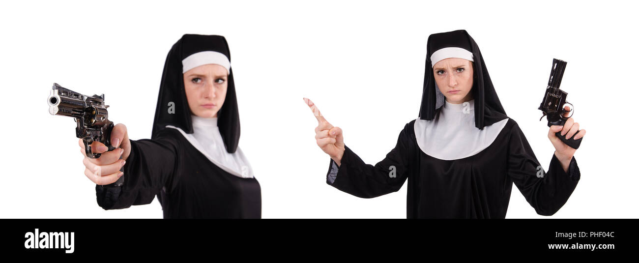 Aiming young nun with gun isolated on white Stock Photo - Alamy