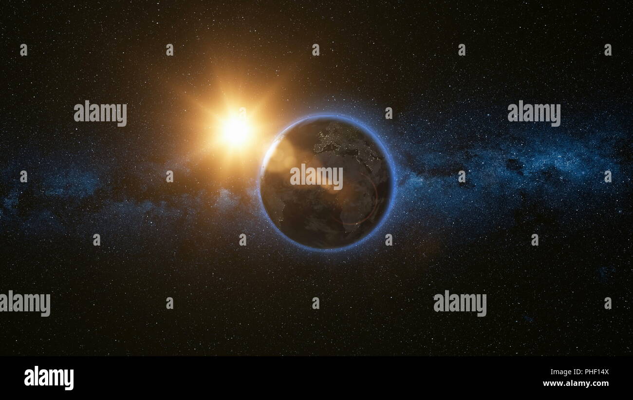 Space view on Planet Earth and Sun Star rotating on its axis in black ...