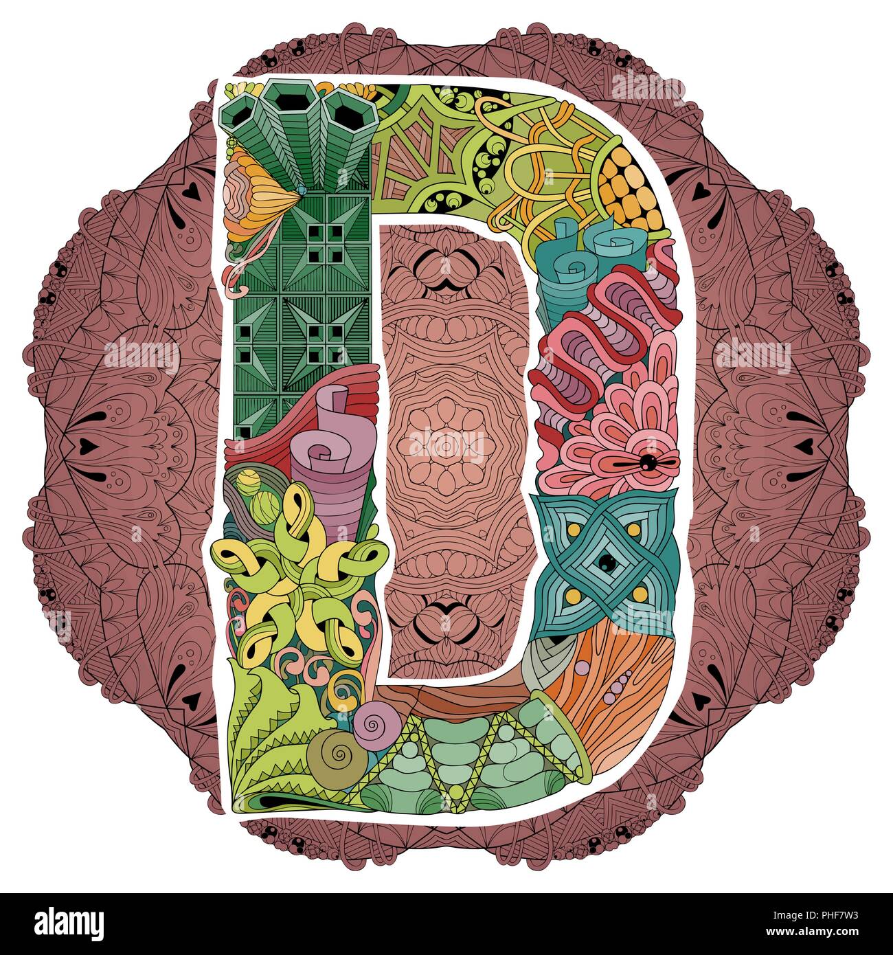 Hand-painted art design. Hand drawn illustration mandala with letter D ...