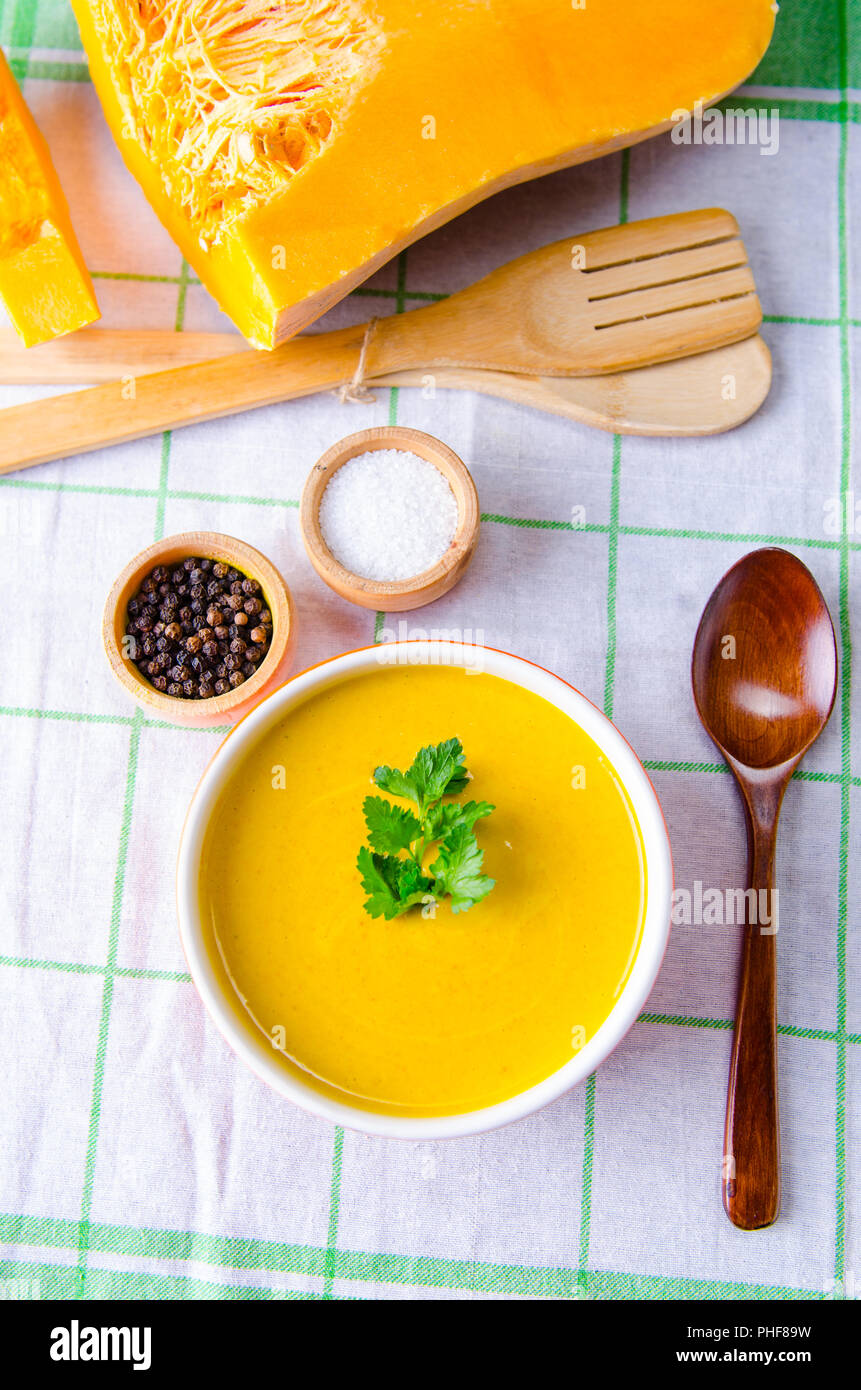 Pumpkin soup served on the table in bowl Stock Photo - Alamy