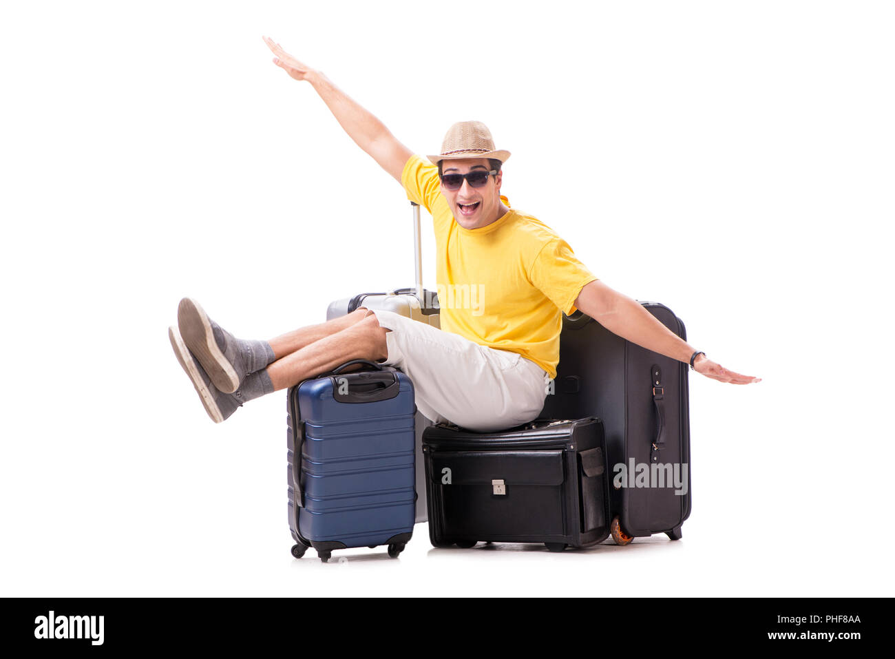Happy young man going on summer vacation isolated on white Stock Photo ...