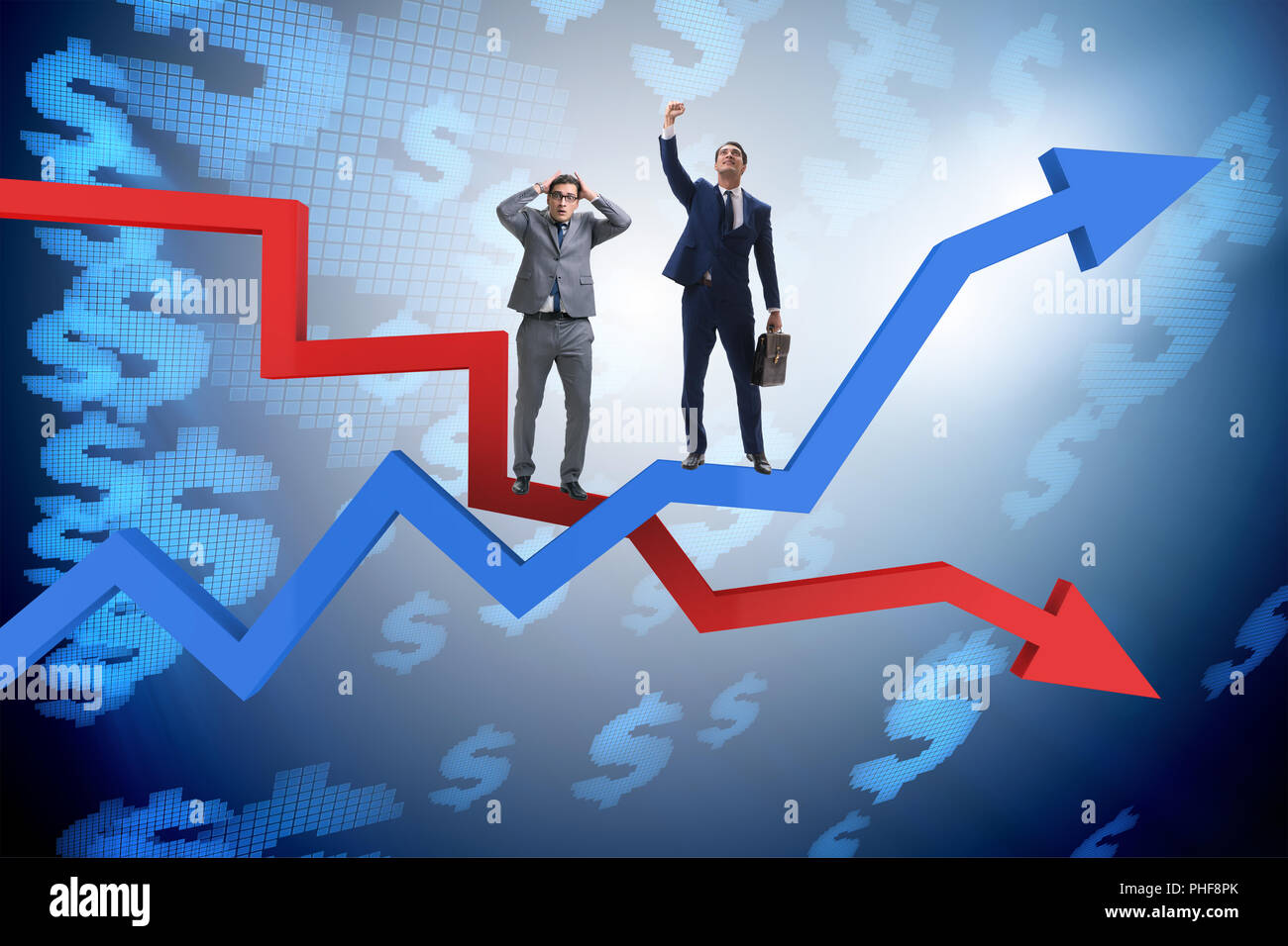 Businessman with charts of growth and decline Stock Photo - Alamy