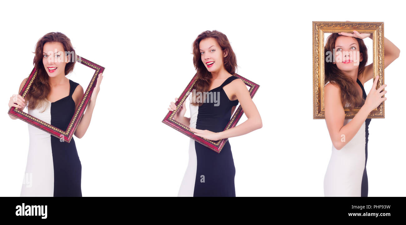 Woman with picture frame on white Stock Photo - Alamy