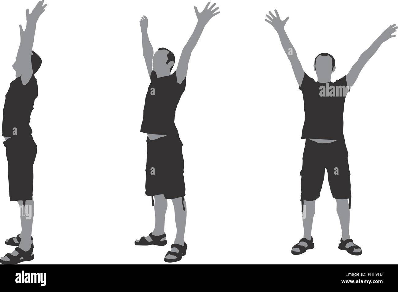 Realistic flat grey illustration of a Man silhouette with hands up ...