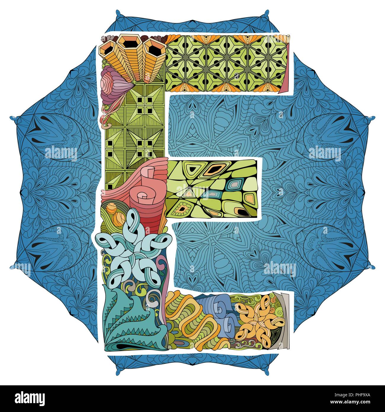 Hand-painted art design. Hand drawn illustration mandala with letter F ...
