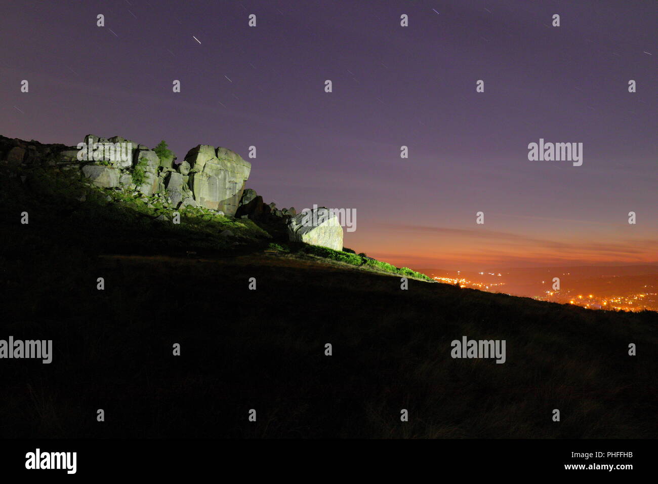 Cow & Calf Rocks on Ilkley Moor at night in West Yorkshire Stock Photo ...
