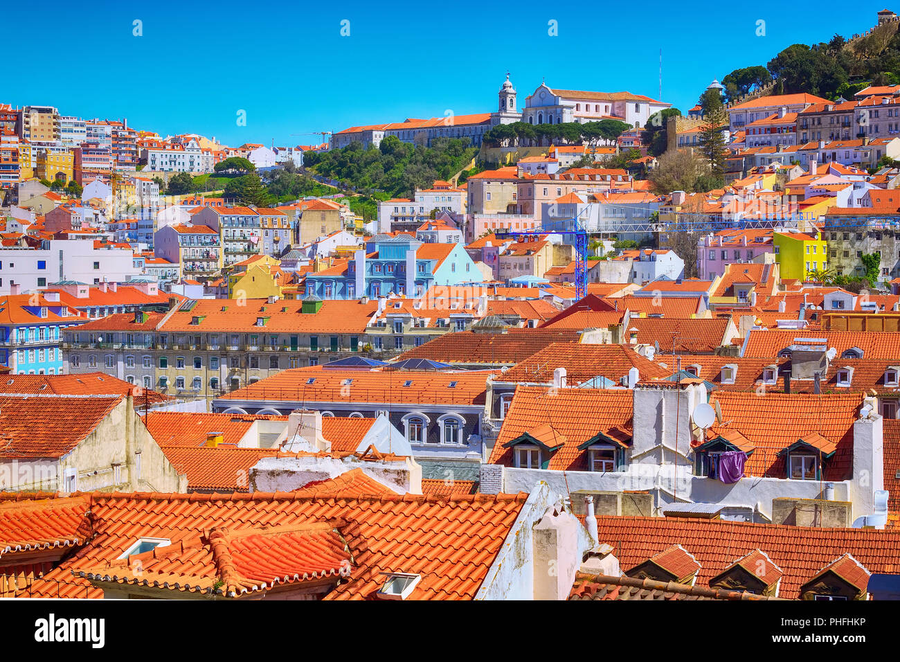 Lisbon, Portugal panoramic aerial view with colorful houses and Rossio ...