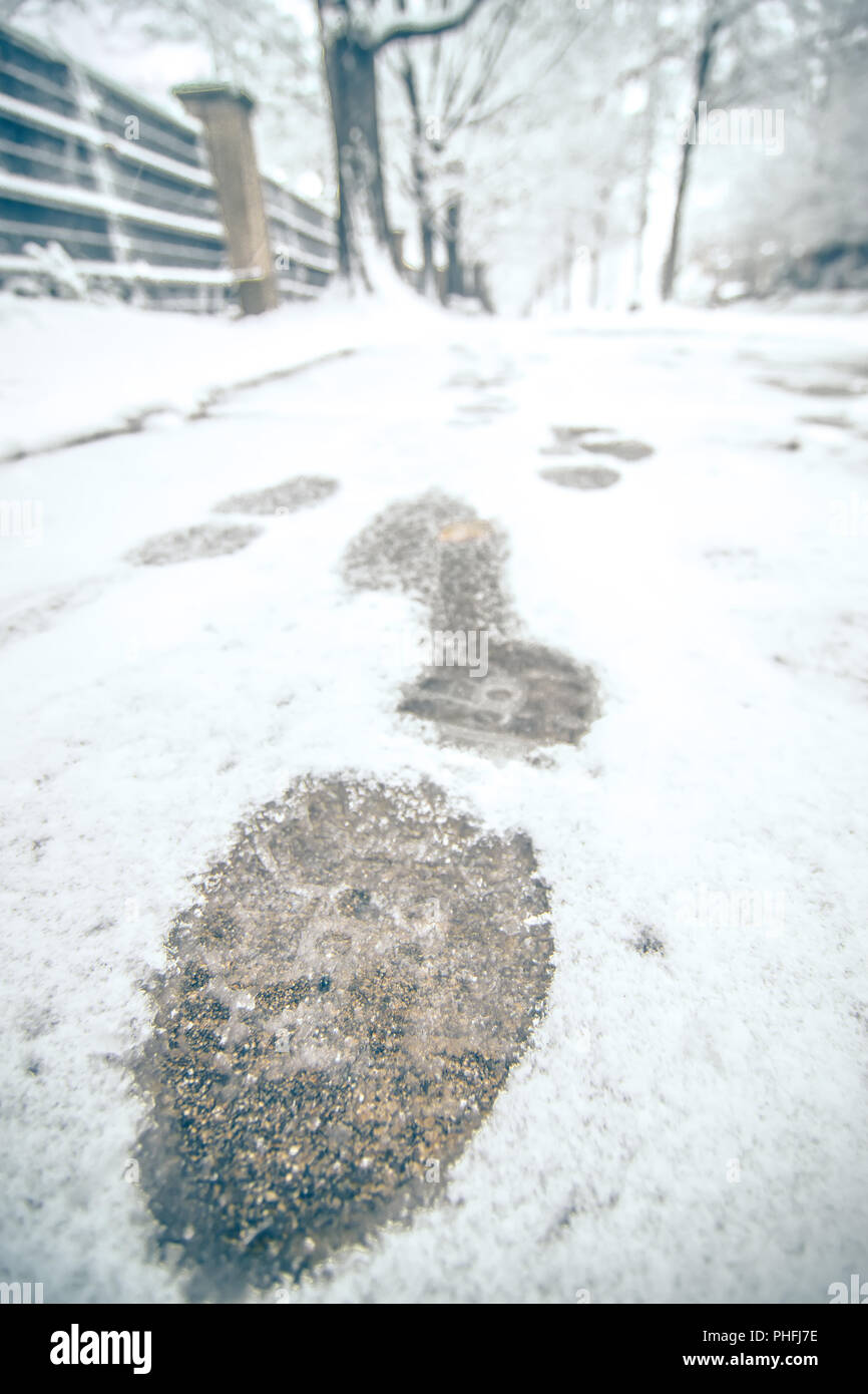 show footprints in snow on sidewalk along the park Stock Photo - Alamy