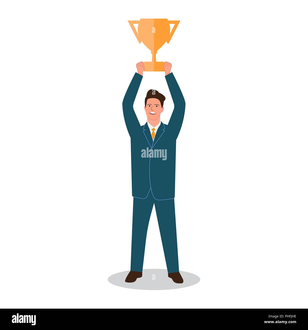 Businessman standing and holding winner golden cup over his head ...