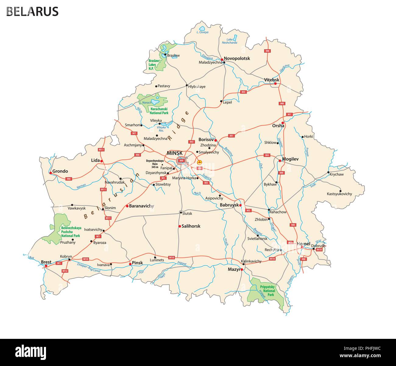 vector road and national park map of the Republic of Belarus Stock ...