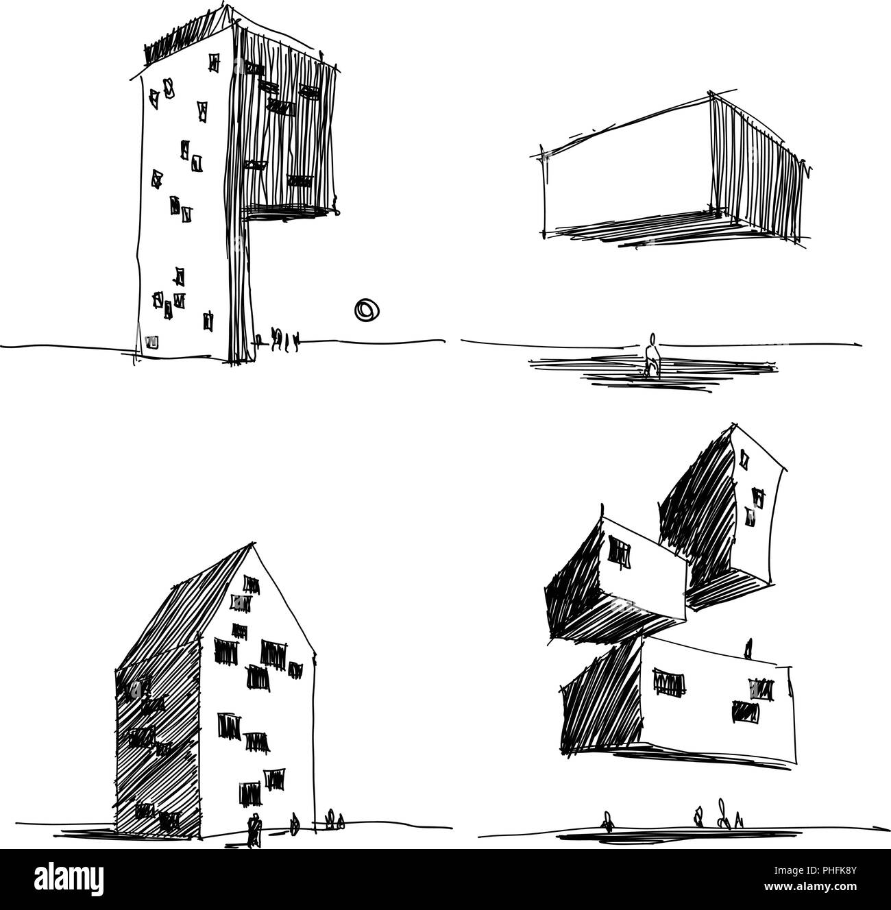 four hand drawn architectectural sketches of a modern abstract ...