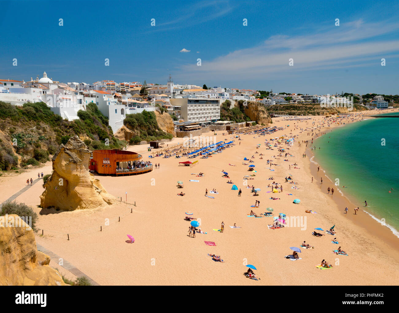 Albufeira beach and old town, with the Hotel Sol e Mar in summer Stock ...
