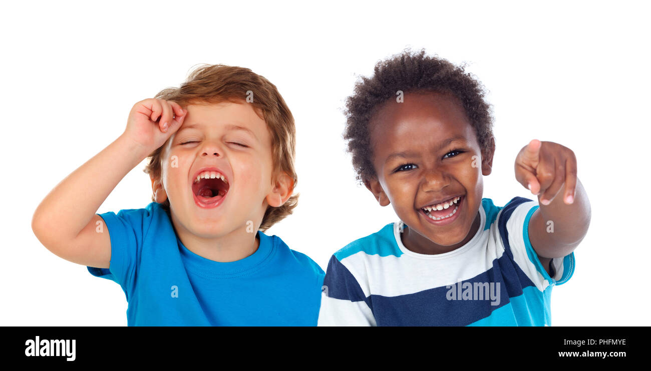 Children doing joke and laughing isolated on a white background Stock ...
