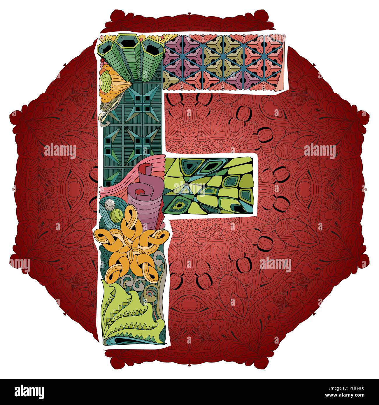Hand-painted art design. Hand drawn illustration mandala with letter F ...