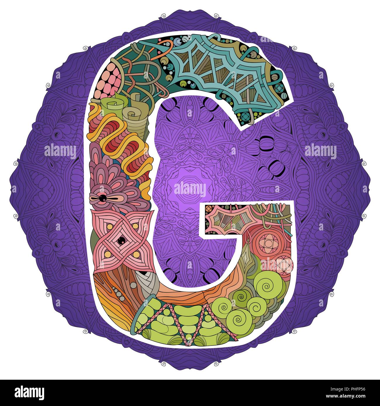 Hand-painted art design. Hand drawn illustration mandala with letter G ...