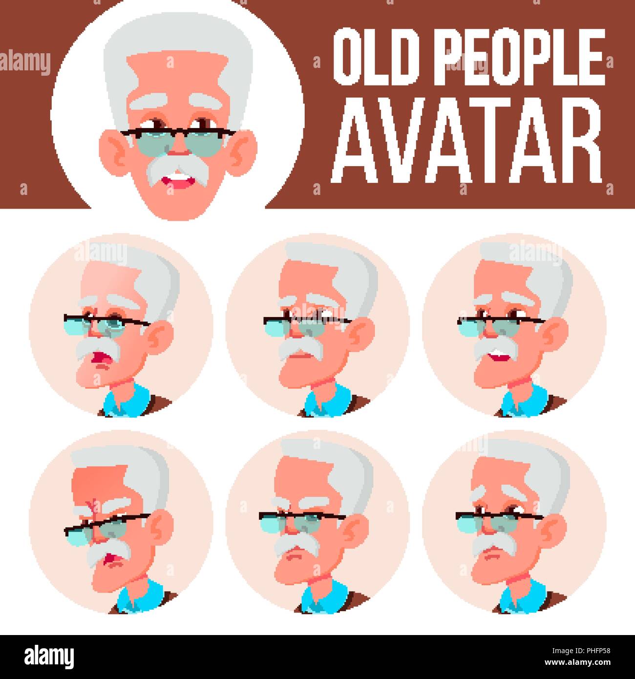 Old Man Avatar Set Vector. Face Emotions. Senior Person Portrait ...