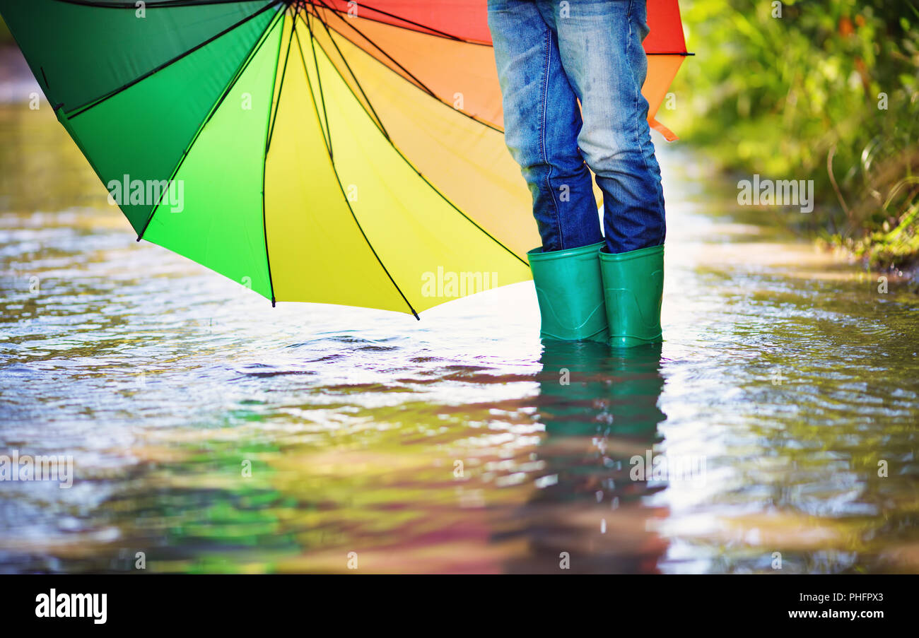 Child walking in wellies in puddle on rainy weather Stock Photo - Alamy