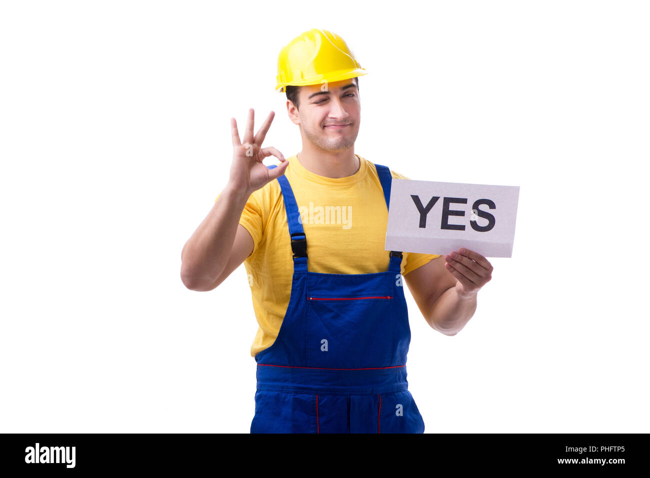Worker responding positively yes isolated on white Stock Photo - Alamy