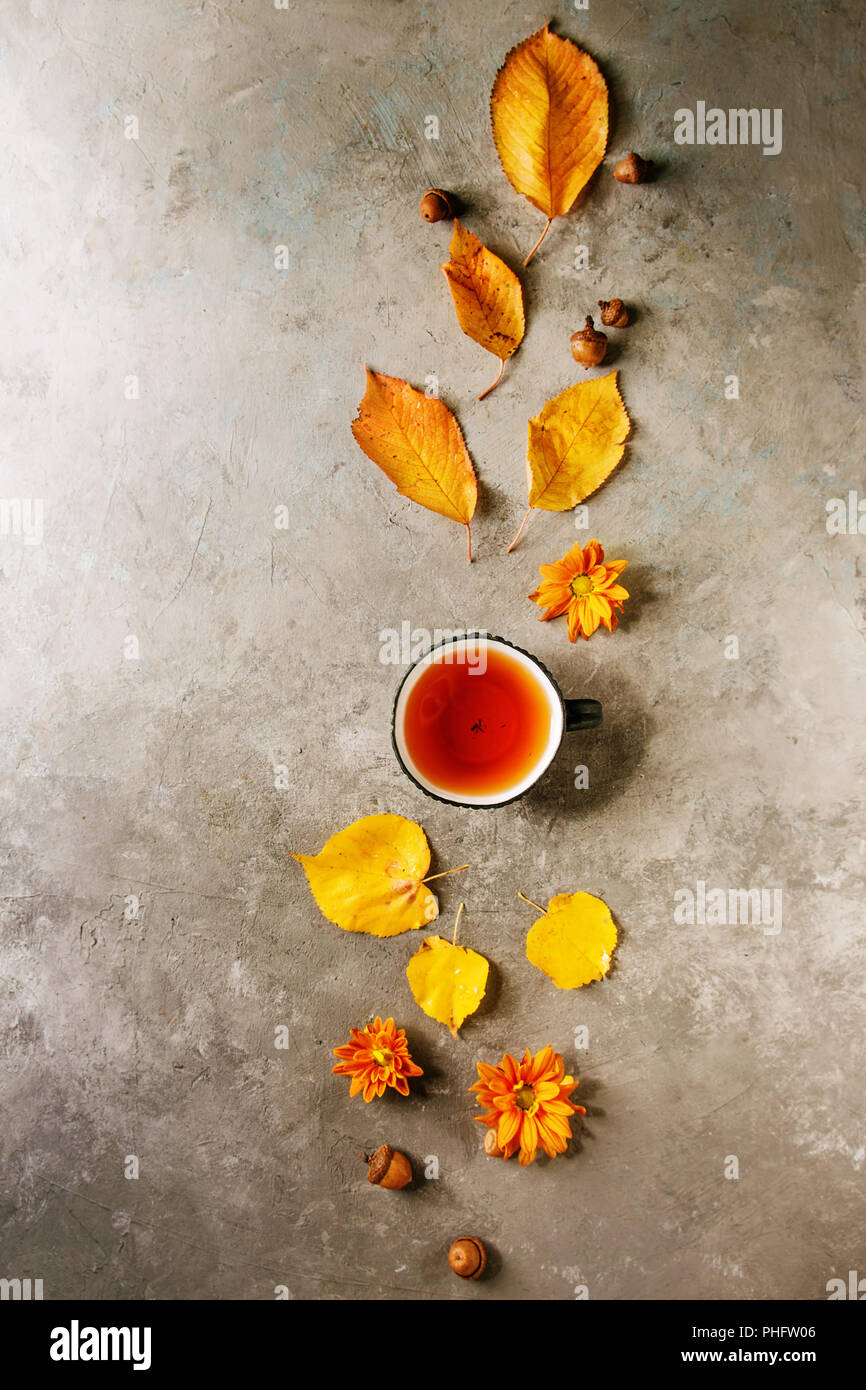Cup of tea with autumn leaves Stock Photo - Alamy