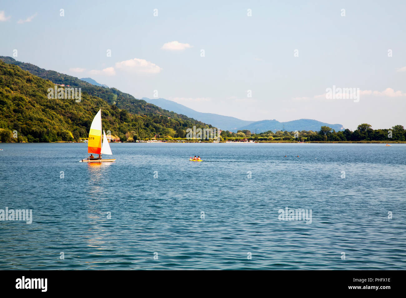 Sail over the lake, with other boat, horizontal image Stock Photo - Alamy