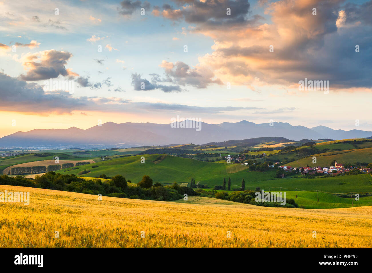 Rural landscape with wheat fields and villages in Turiec region ...