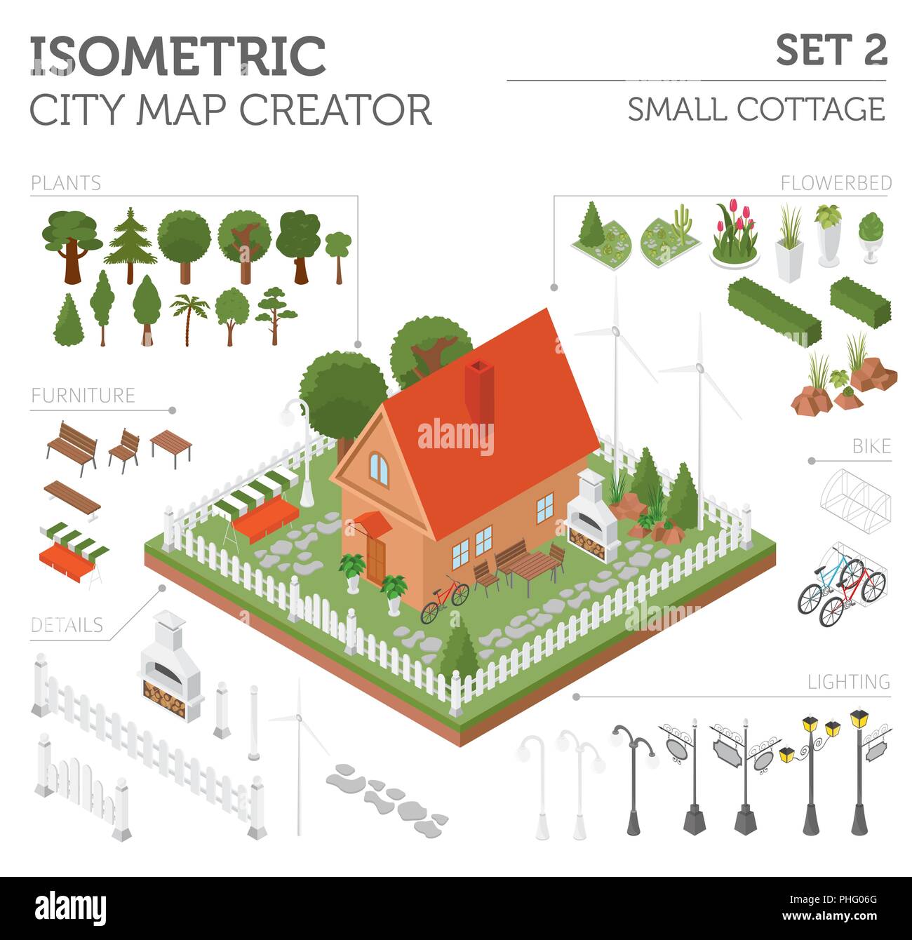 Flat 3d isometric house and city map constructor elements such as building, bbq, garden, nature ...