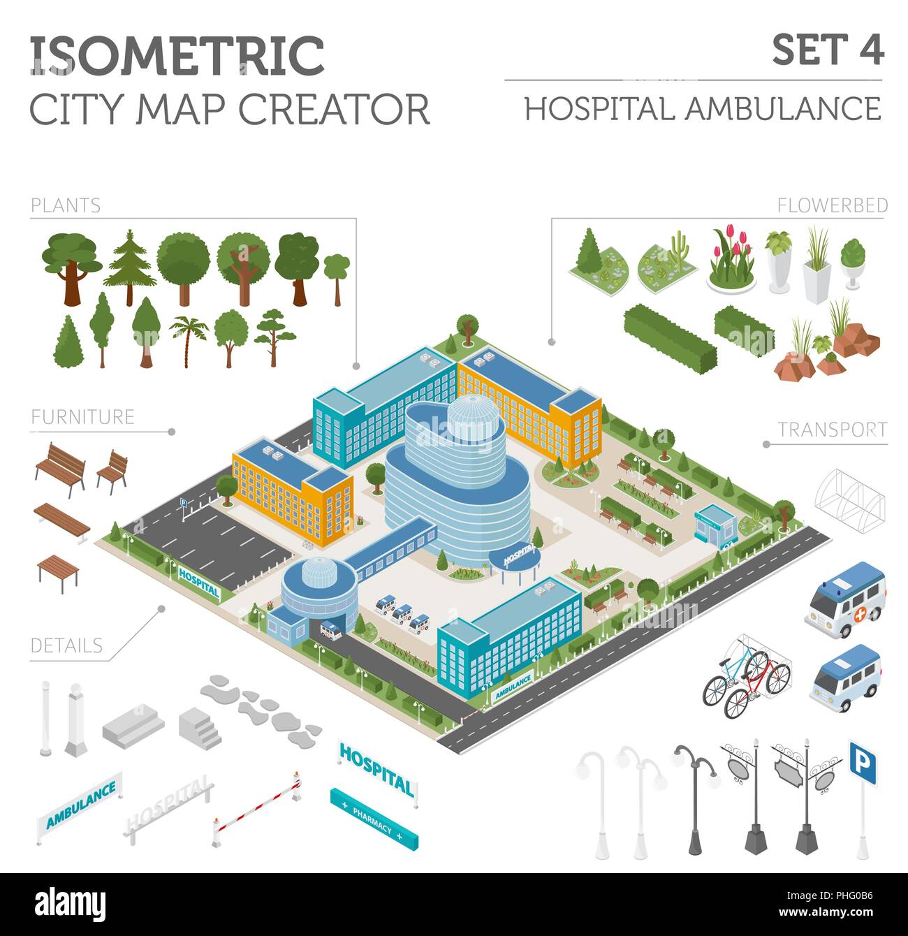 Flat 3d isometric clinic complex and city map constructor elements such ...