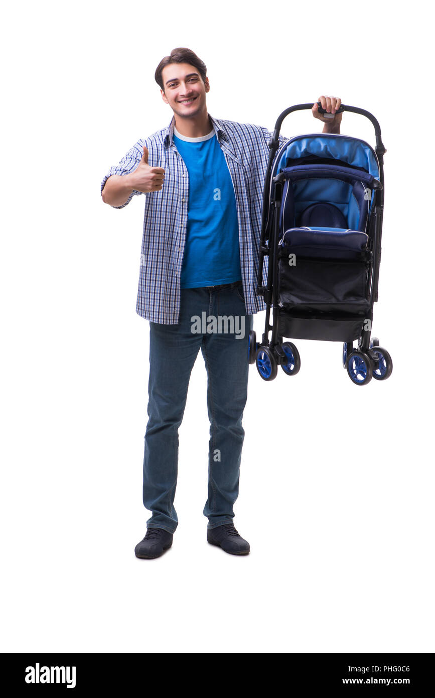 Young dad with child pram isolated on white Stock Photo - Alamy