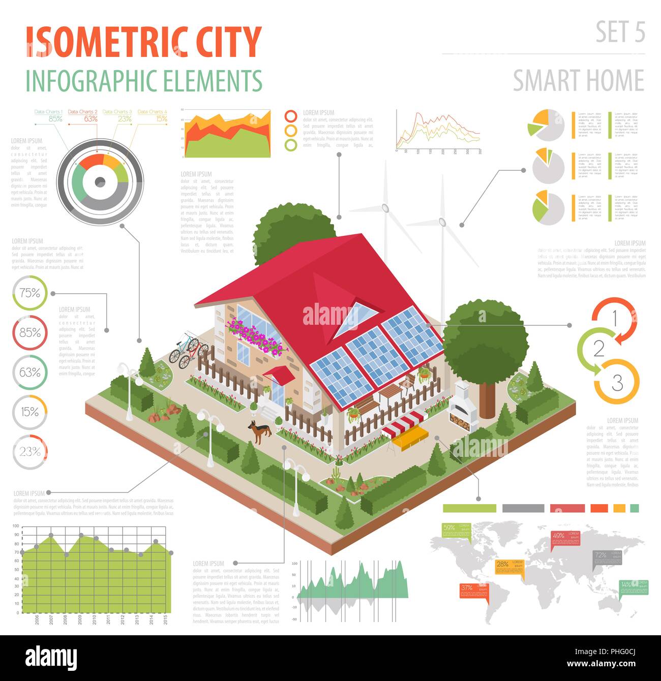 Flat 3d isometric smart home and city map constructor elements such as ...