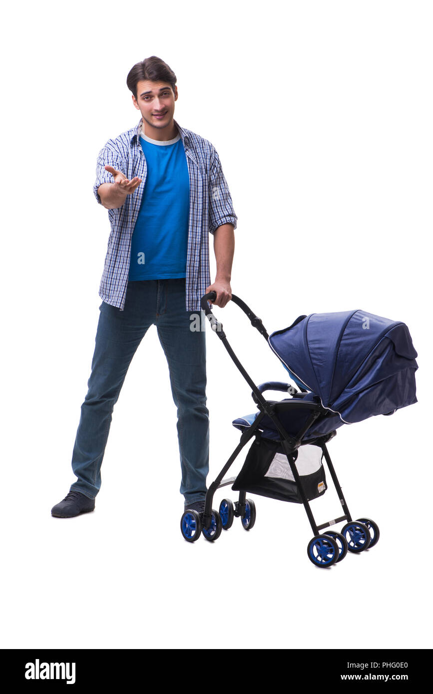 Young dad with child pram isolated on white Stock Photo - Alamy