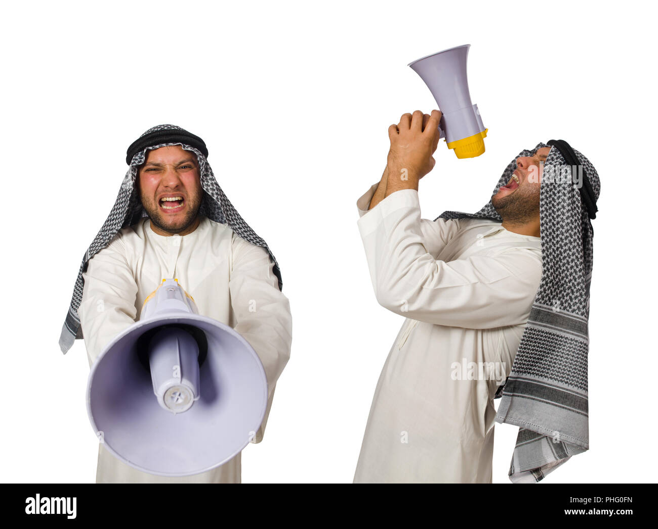Arab man with loudspeaker isolated on white Stock Photo - Alamy