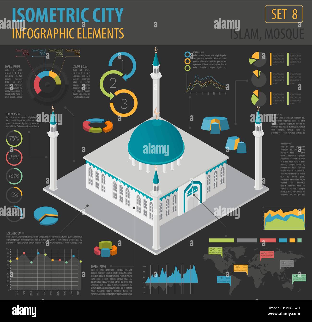 Flat 3d isometric islamic mosque and city map constructor elements such ...