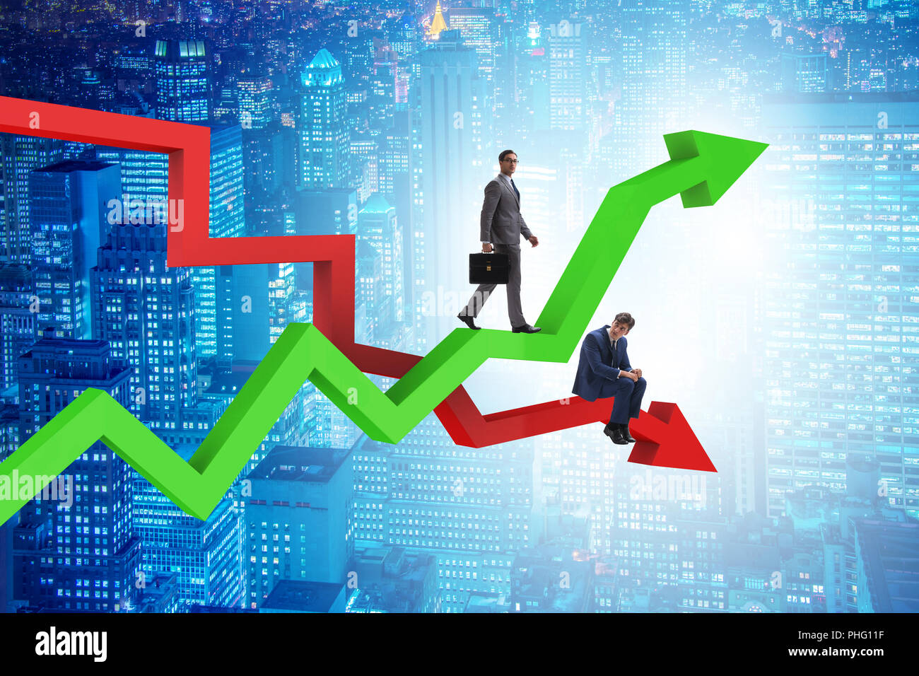 Businessman with charts of growth and decline Stock Photo - Alamy