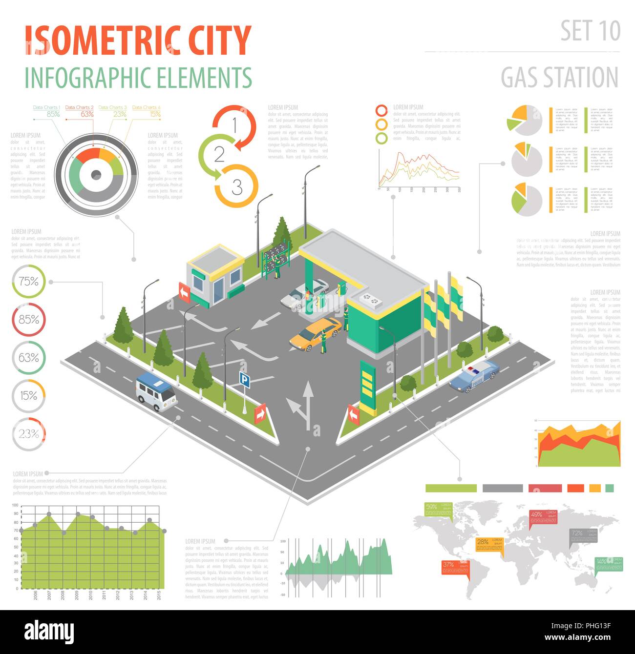Flat 3d isometric Gas station and city map constructor elements such as ...
