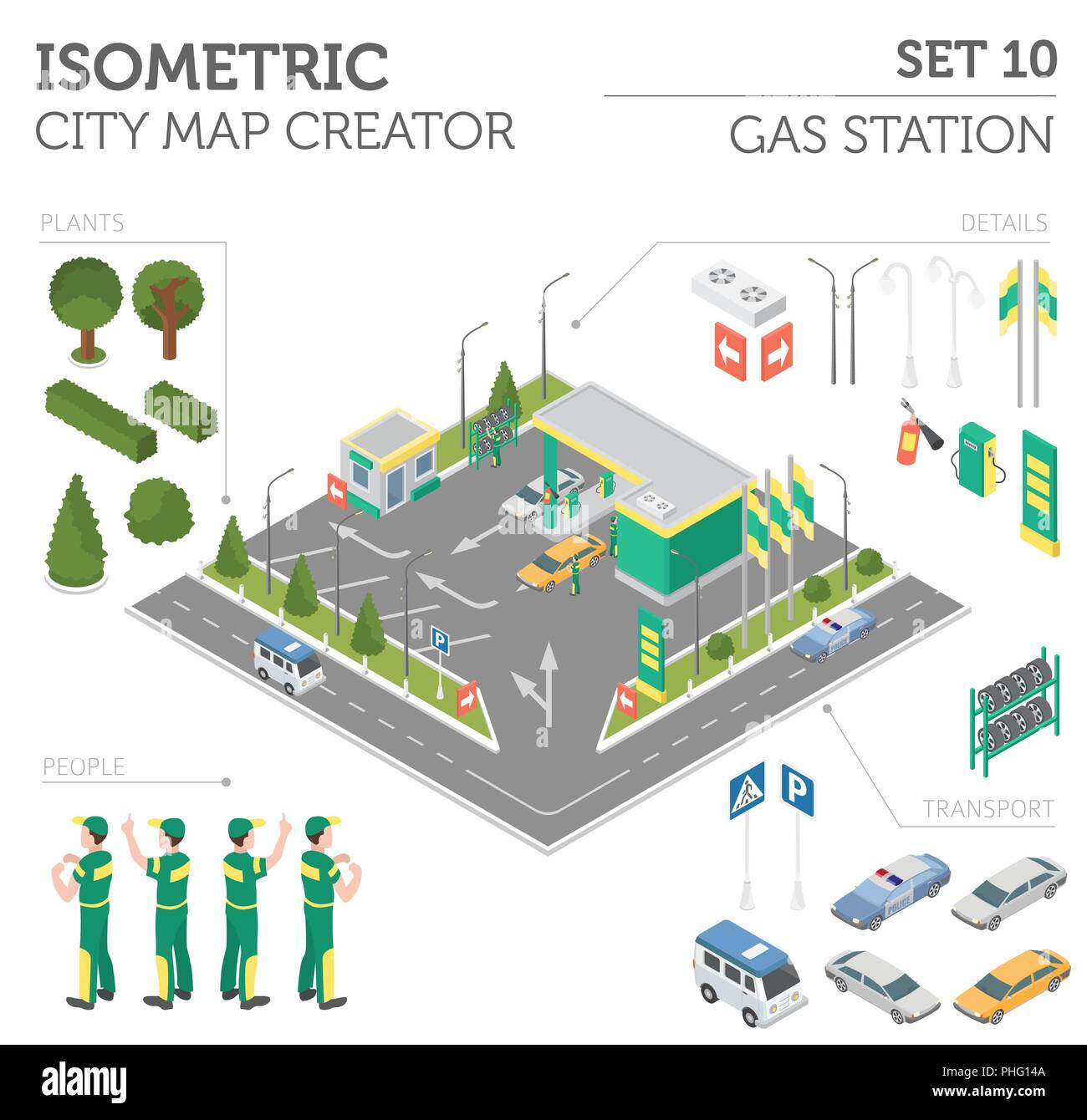 Flat 3d isometric Gas station and city map constructor elements such as ...