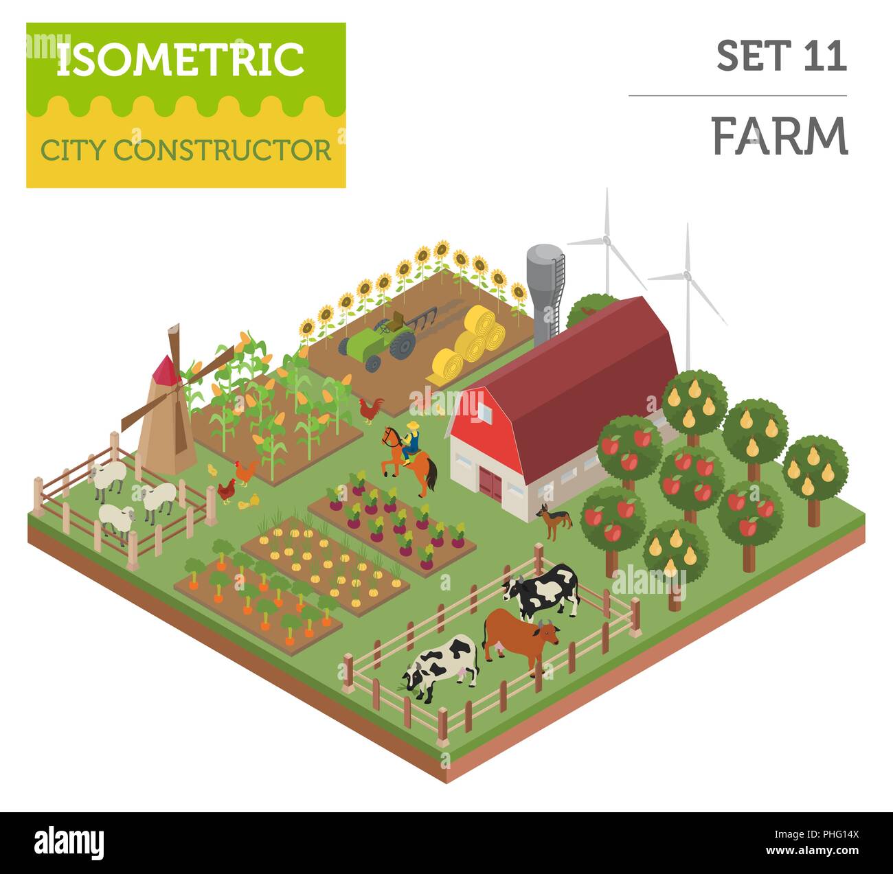 Flat 3d isometric farm land and city map constructor elements isolated ...