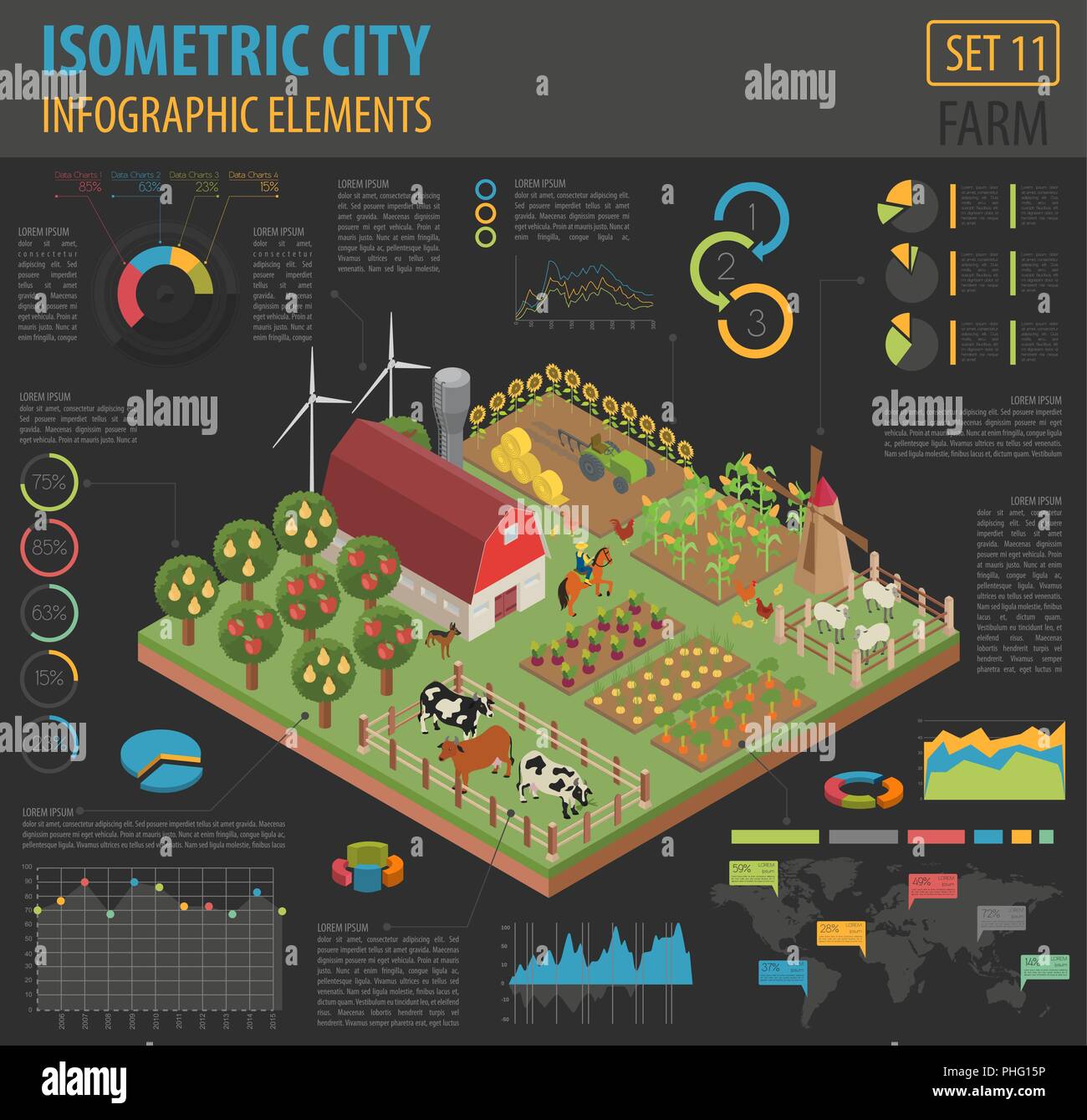 Flat 3d isometric farm land and city map constructor elements isolated ...