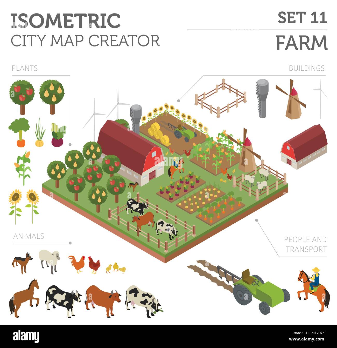 Flat 3d isometric farm land and city map constructor elements isolated ...