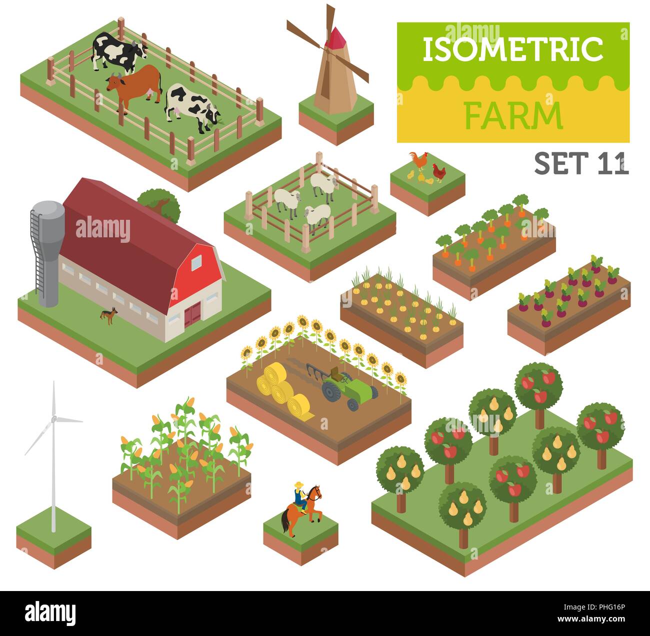 Flat 3d isometric farm land and city map constructor elements isolated ...