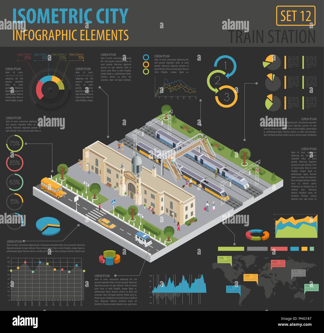 3d isometric Train station and city map constructor elements isolated on white. Build your own ...