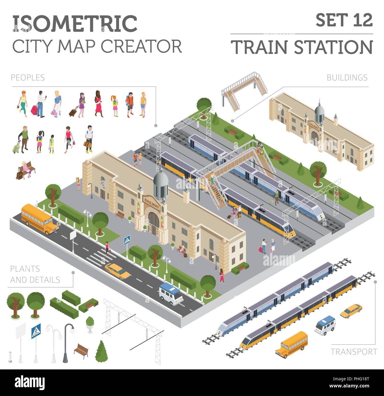3d isometric Train station and city map constructor elements isolated on white. Build your own ...