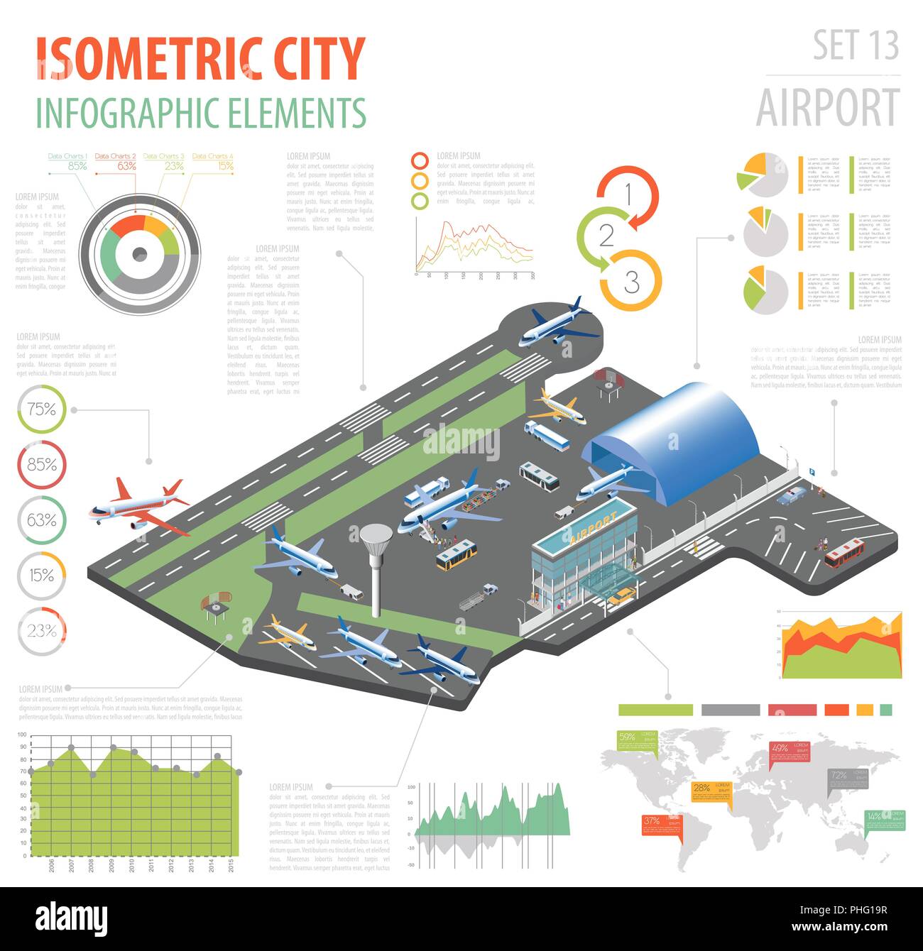 3d isometric airport and city map constructor elements isolated on white. Build your own ...