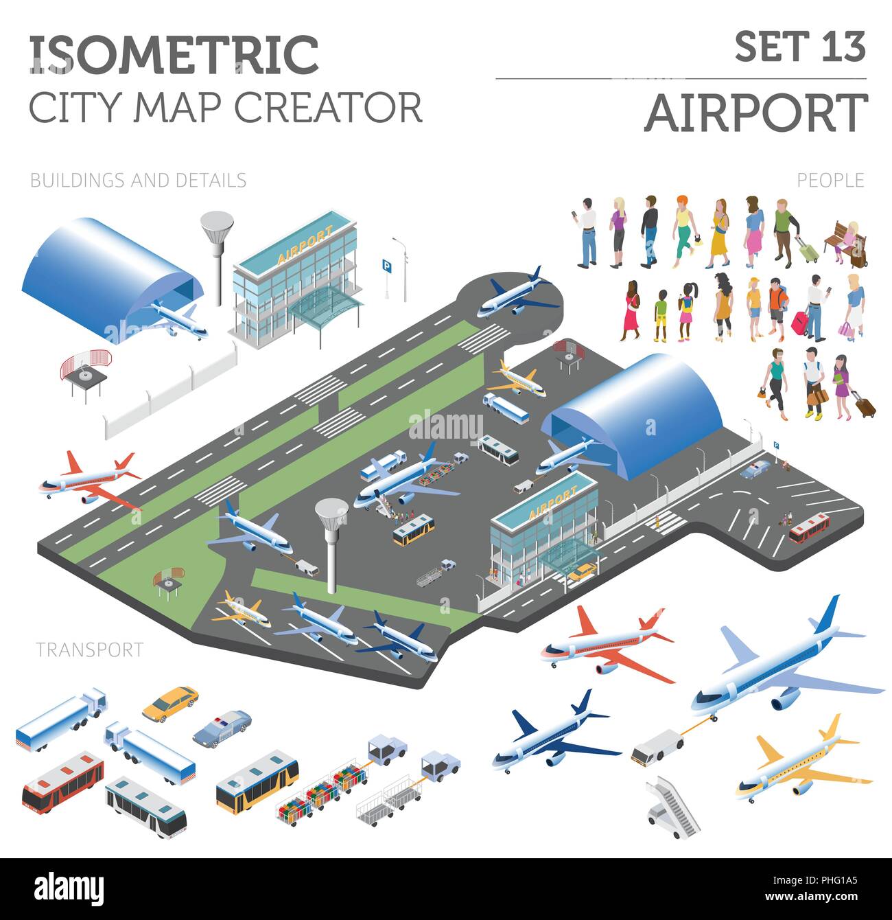 3d isometric airport and city map constructor elements isolated on ...