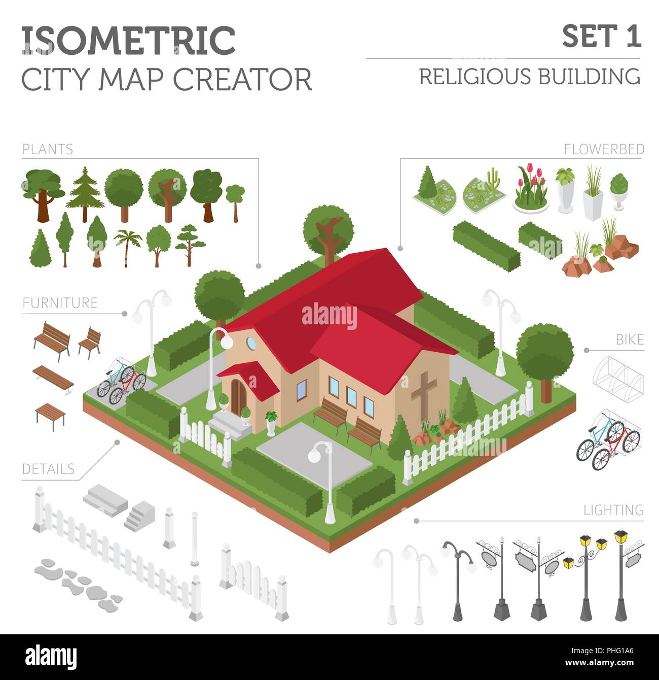 Religious architecture. Flat 3d isometric church and city map creator ...