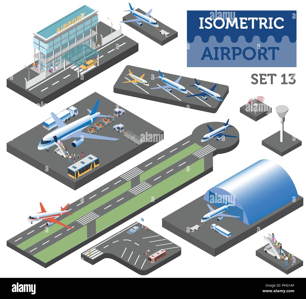3d isometric airport and city map constructor elements isolated on white. Build your own ...