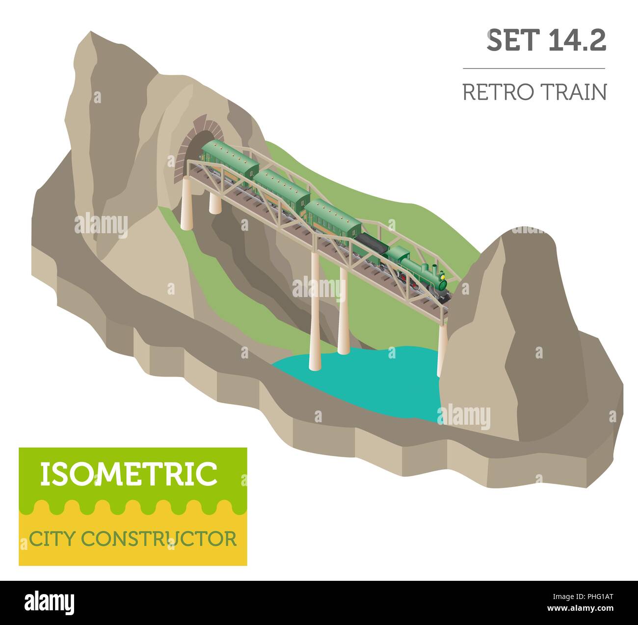 3d isometric retro railway with steam locomotive and carriages. Сity ...