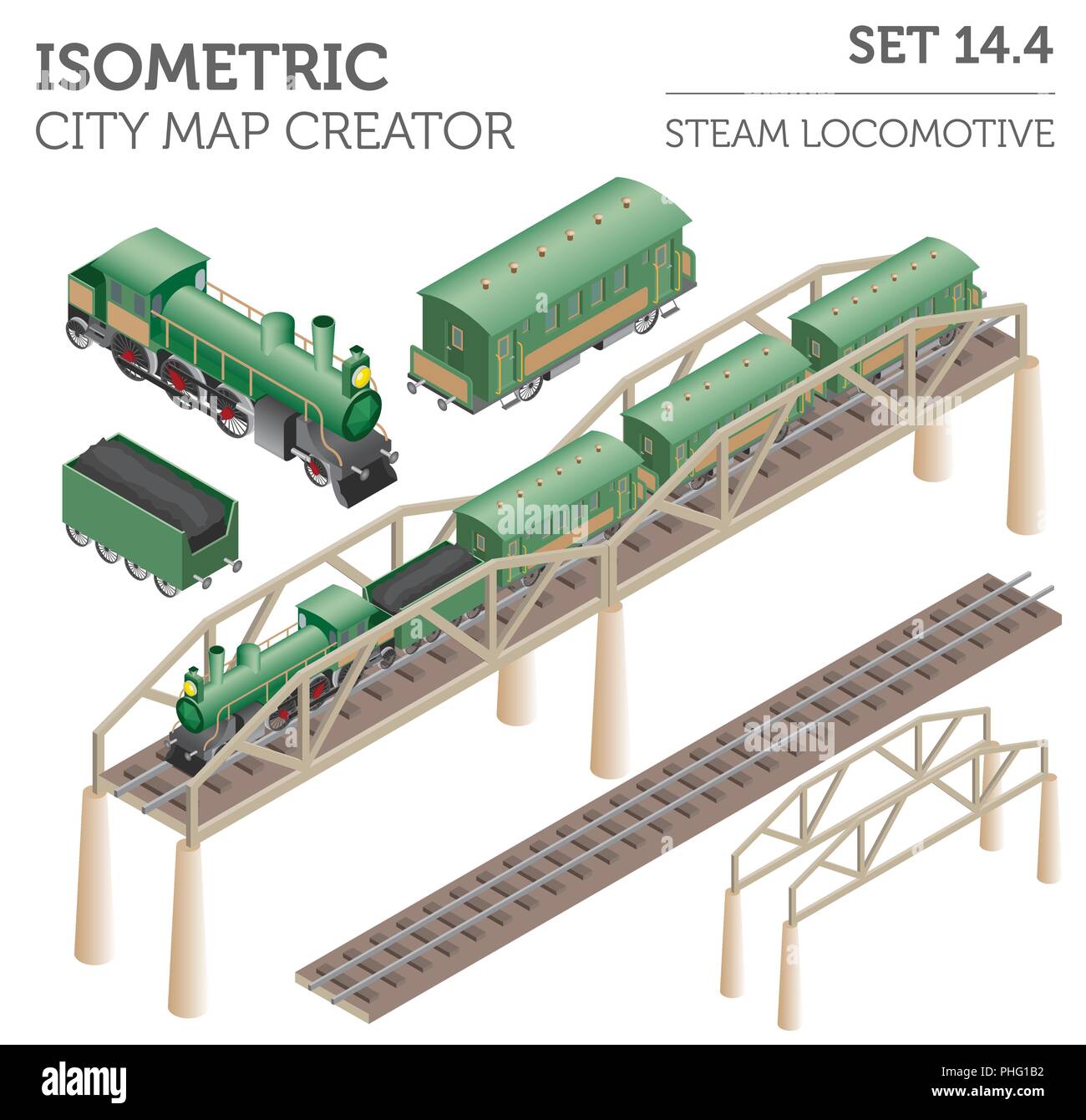 3d isometric retro railway with steam locomotive and carriages. City ...