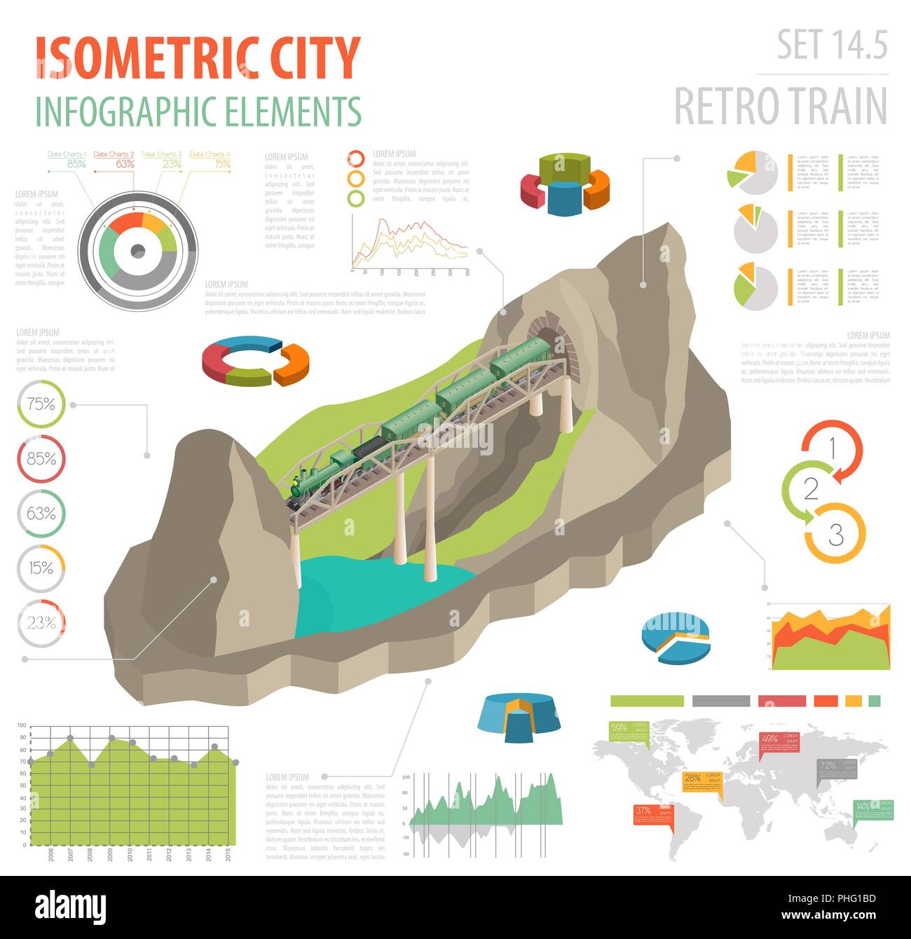 3d isometric retro railway with steam locomotive and carriages. City ...