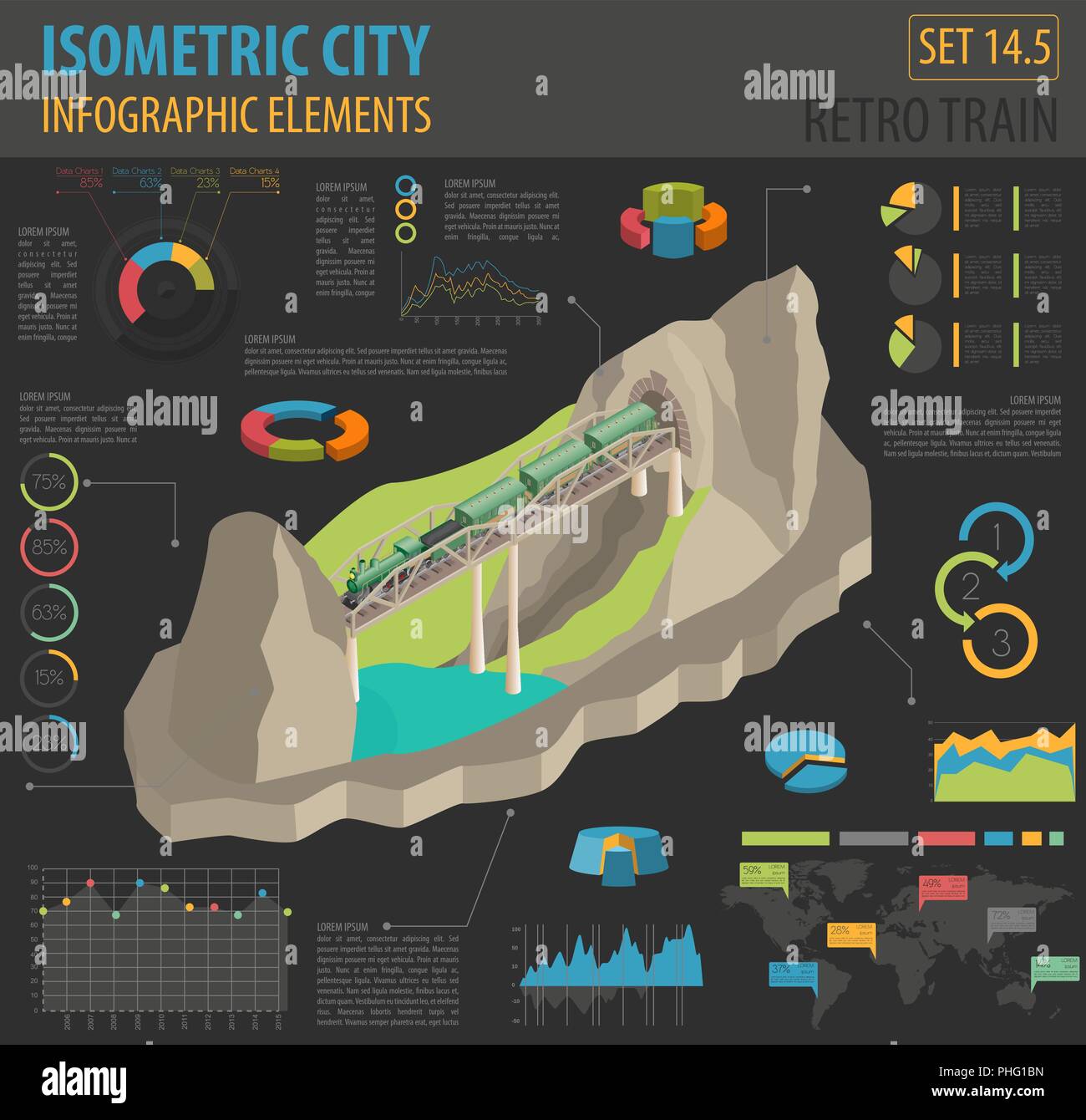 3d isometric retro railway with steam locomotive and carriages. City ...