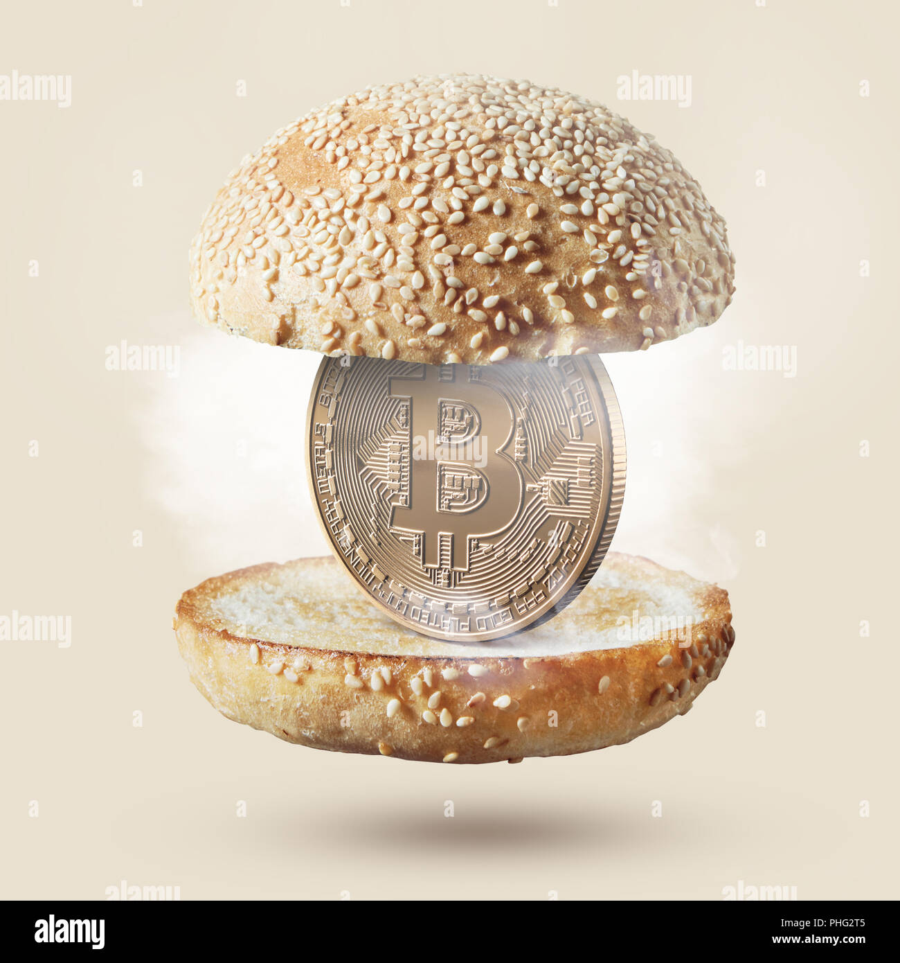 Burger with gold coin bitcoin on beige background Stock Photo - Alamy
